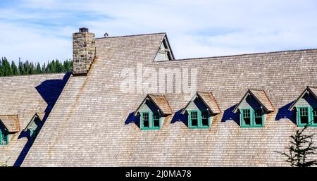 Cedar shake roof and dormer windows Stock Photo - Alamy