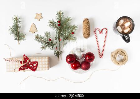 Present box fir tree branch on wooden board Stock Photo - Alamy