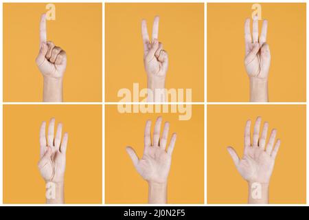 Collage one five fingers count signs yellow backdrop Stock Photo - Alamy