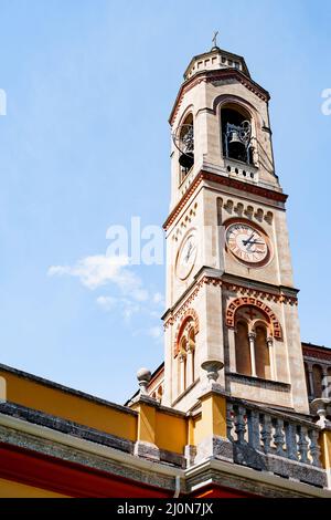 Bell tower of San Lorenzo Church in Manarola at the Cinque Terre in ...
