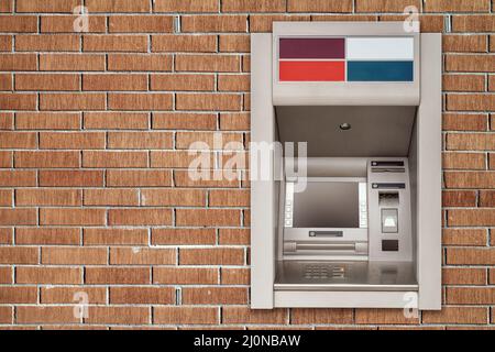 "Cash machine" built into a "brick wall" automated teller ATM Stock Photo - Alamy