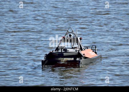 Maritime Robotics Otter Pro Uncrewed Surface Vessel (USV) operating in ...