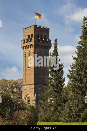 The observation tower on the Karlshoehe in the backlight with dark ...