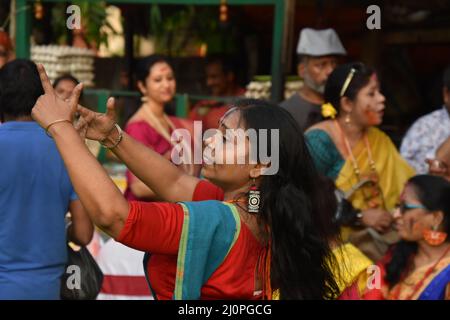 A dancer of Bengali cultural group is performing the springtime dance ...