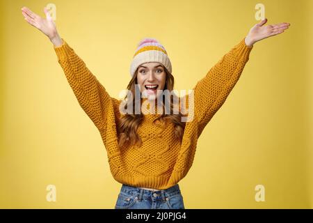 Hooray fantastic news. Portrait excited happy pleased charming young ...