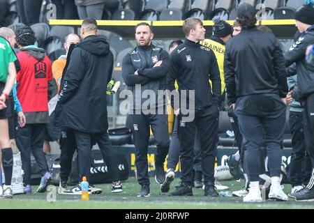 Luke Gale (7) of Hull FC lines up a kick during pre match warm up in ...