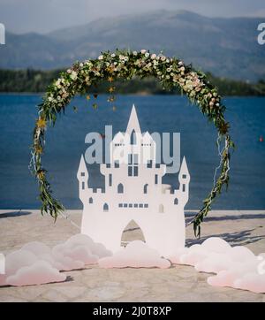 paper art of a castle on pink background Stock Photo - Alamy