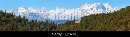 Mount Chaukhamba and woodland, Himalaya, panoramic view of Indian Himalayas mountains, great ...