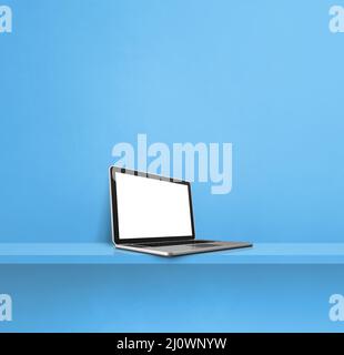 Laptop computer on blue shelf. Square background. 3D Illustration Stock ...
