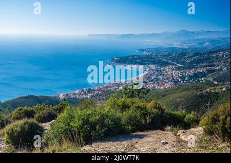 An aerial view of Varazze in Liguria, Italy on the shore of the ...