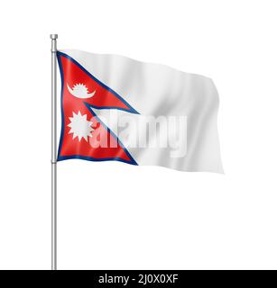 Flag of Nepal with flagpole waving in the wind against white background ...