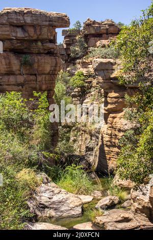 Rock formations in a narrow gorge in mountain ranges of Baetic System ...