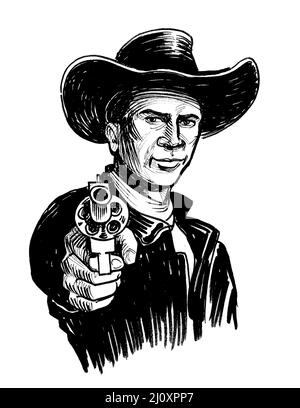 Cowboy pointing gun at viewer. Ink black and white drawing Stock Photo ...