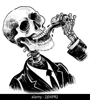 Human skeleton drinking alcohol. Ink black and white drawing Stock ...
