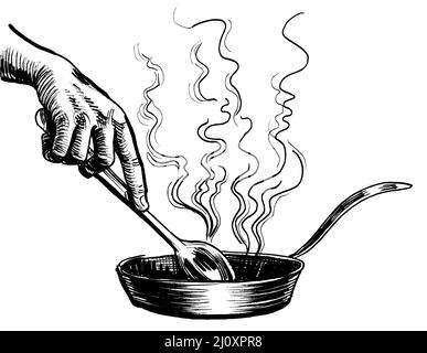 Hand with a spoon. Ink black and white drawing Stock Photo - Alamy