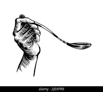 Hand with a spoon. Ink black and white drawing Stock Photo - Alamy