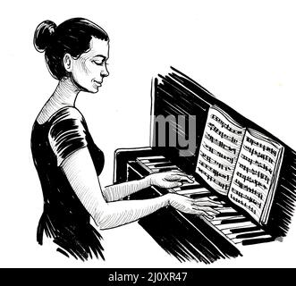 Pretty woman playing piano. Ink black and white drawing Stock Photo - Alamy