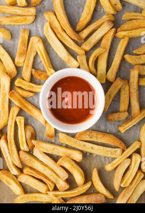 Flat lay french fries with ketchup sauce Stock Photo - Alamy