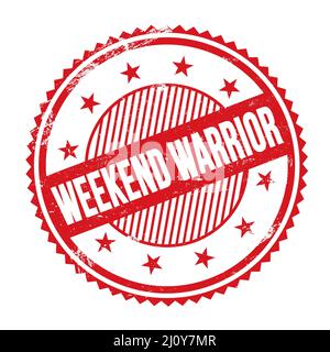 WEEKEND text written on red grungy zig zag borders round stamp Stock ...