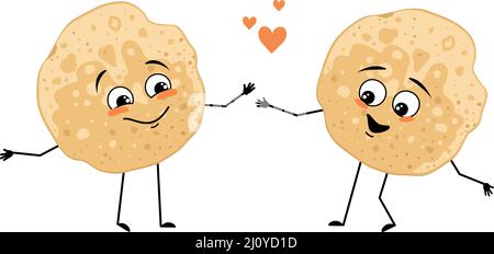 Pancake character with love emotions, smile face, arms and legs. Baking ...