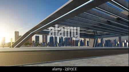 Roadside street view with modern rooftop building with cityscape scene ...