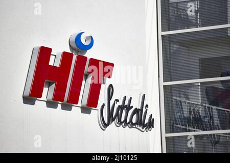 Hit supermarket red logo and sign for the German food retailing company ...