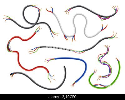Damaged electric cables. Electric wiring circuit with broken insulation ...