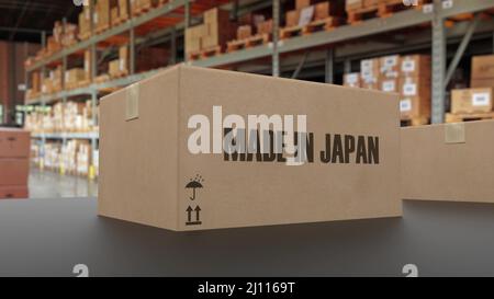 Made in Japan. Cardboard boxes with text made in Japan and chinese flag ...