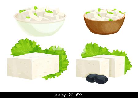 Feta cheese pieces in bowl in cartoon style detailed ingredient ...