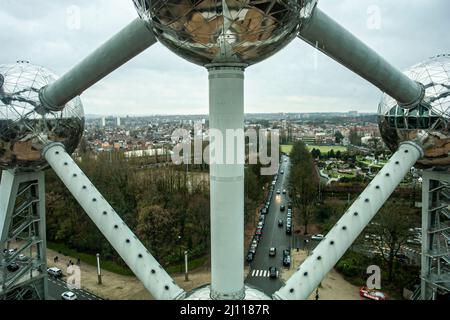 Detail of the Brussels Atomium. Building representing an iron crystal ...