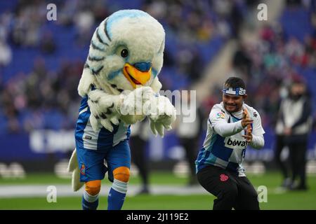 RCD Espanyol fan dancing with the mascot during the La Liga match ...