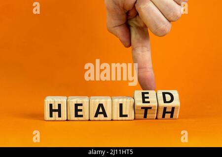 Healed health symbol. Doctor turns wooden cubes and changes concept ...