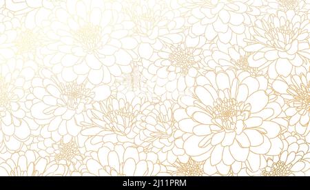 Golden chrysanthemum flowers in hand drawn line art on black background ...