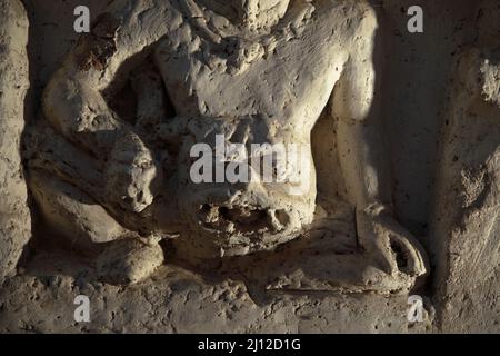 Stucco on the wall of the ancient Moghalmari monastery in Paschim ...