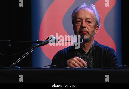 Cologne, Germany. 21st Mar, 2022. Actor Sebastian Koch sits on stage at ...