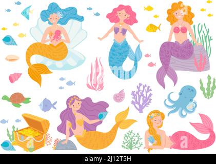 Beautiful little mermaid and turtle vector illustration Stock Vector ...