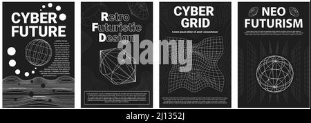 Abstract futuristic poster designs with wireframe spheres. 3D grid circles with different ...