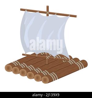 wooden raft with flag, color isolated vector illustration in cartoon ...