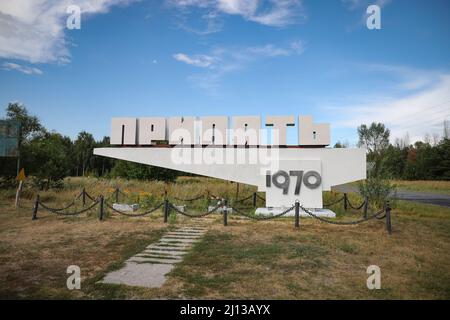 Welcome sign of Chernobyl town in Chernobyl Nuclear Power Plant Zone of ...