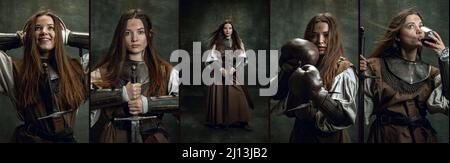 Collage, set made of retro portraits of young beautiful woman in image ...