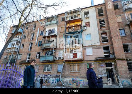 A residential building is seen damaged by a Russian strike on Kyiv ...