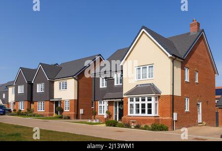 Row of detached new build homes in the Stortford Fields housing ...