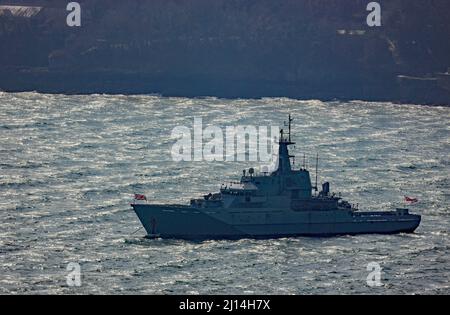 HMS Tyne (P281), a River-class patrol vessel of the Royal Navy, as she ...