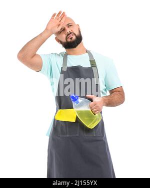 Bald man with cleaning supplies isolated on white Stock Photo - Alamy
