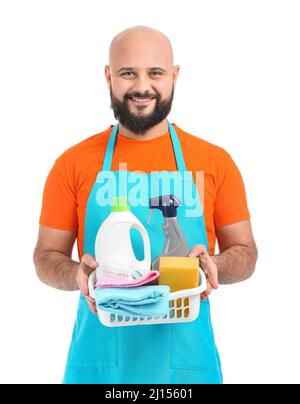 Bald man with cleaning supplies isolated on white Stock Photo - Alamy