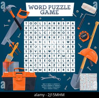 DIY tools on word search puzzle quiz game worksheet. Kids quiz grid ...