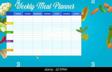 Weekly meal planner. Cartoon cabbage vegetables. Cooking daily schedule ...