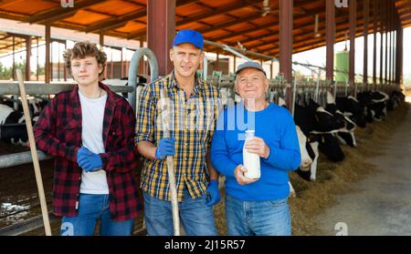 Various aged dairy farm workers in cowshed Stock Photo - Alamy