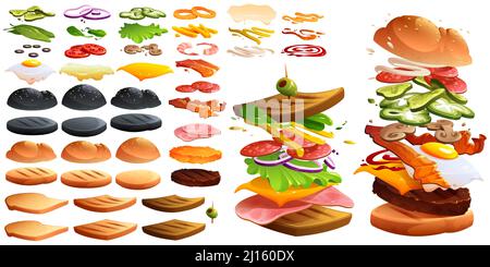 Burger and sandwich constructor with buns, bread toasts, cheese ...