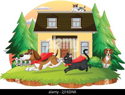 Outdoor house scene with domestic animals cartoon illustration Stock ...
